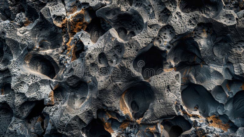 A Close-up of a Black, Rugged Lava Rock with Holes and Cracks Stock ...