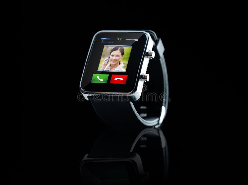 Close Up of Black Smart Watch with Incoming Call Stock Photo - Image of ...