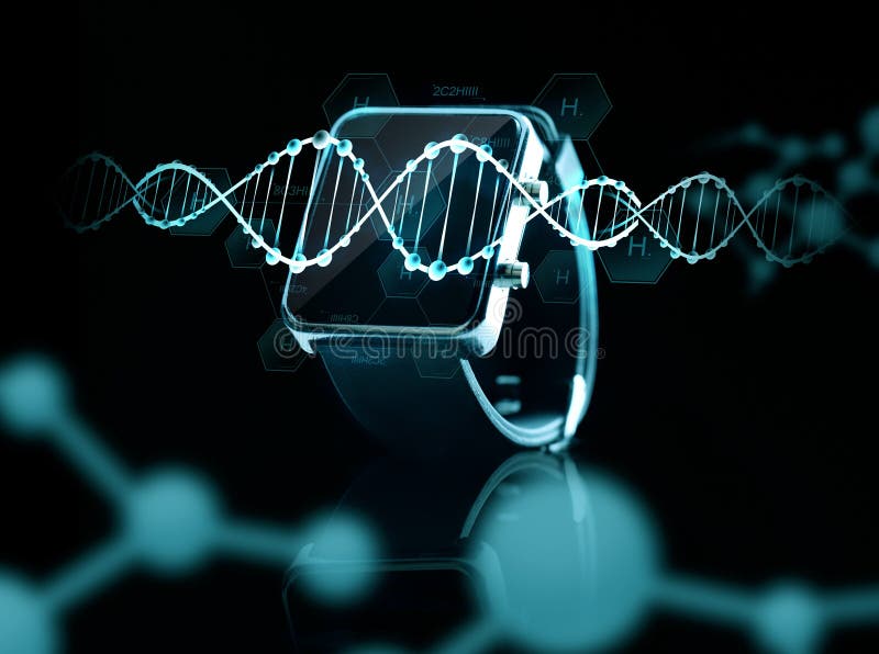 Close Up of Black Smart Watch Over Dna Molecules Stock Illustration ...