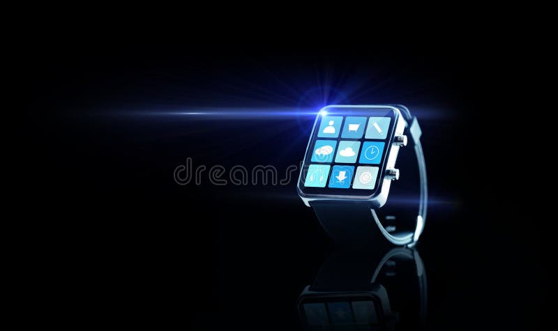 Close Up Of Black Smartwatch With App Icons Stock Illustration ...