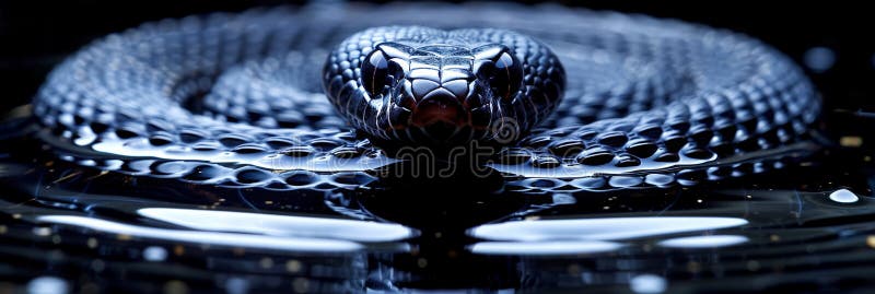 Close-up of a Black Snake with Shiny Scales, Coiled and Reflected on ...