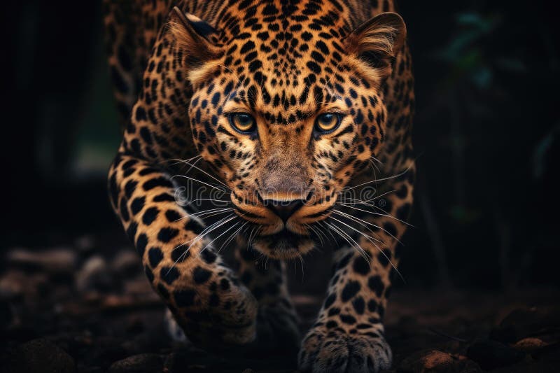 Close-up Black-spotted Yellow Leopard in Dark Tones Stock Illustration ...