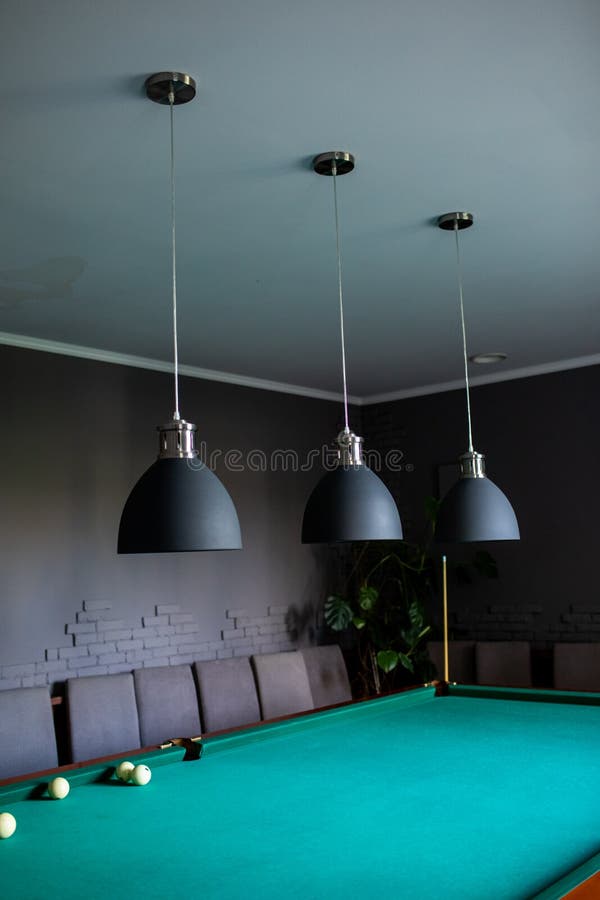 Close Up of Black Stylish Lamps Hang Over Billiard Table. Leisure ...
