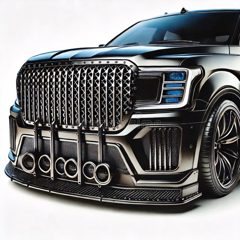 A Close-up of a Black SUV with a Chrome Grille and Aggressive Front ...