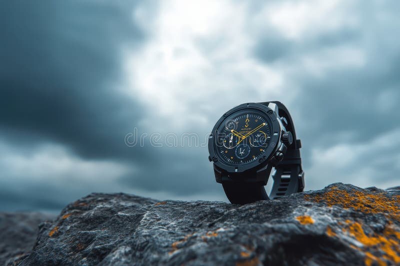 A Close-up of a Black Watch on a Rocky Surface Against a Moody Sky ...