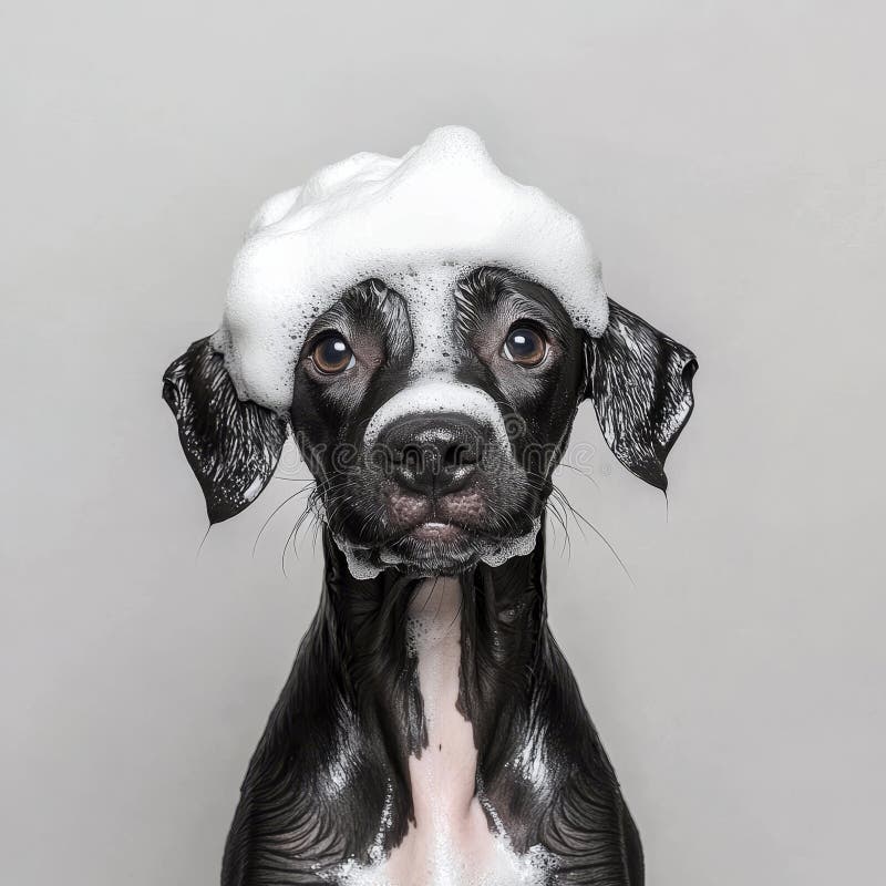 Close-up of Black and White Dog with Sad Expression during Bath Time ...