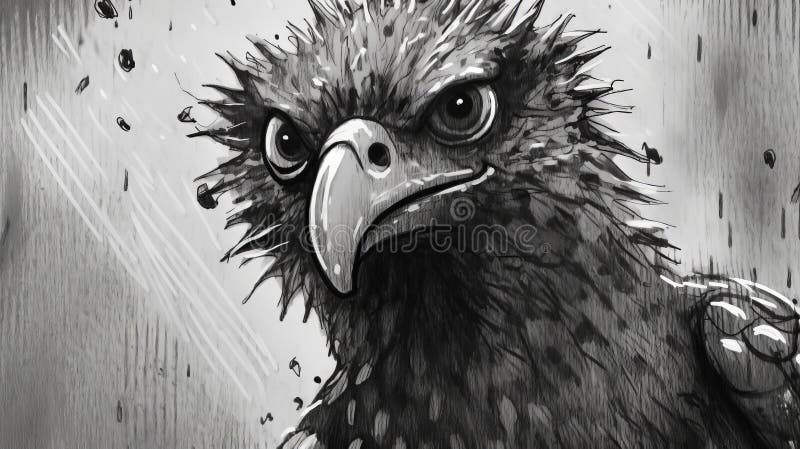 Intense Noir Comic Art: Close-up Drawing of a Meditative Cartoon Eagle ...