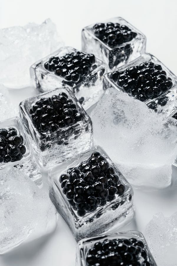 Close Up of Black and White Ice Cubes with Black Beads in Them Stock ...