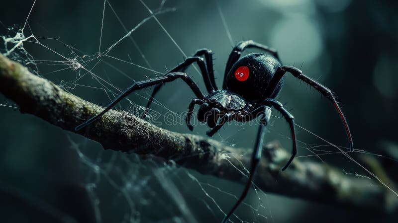 Close-up of Black Widow Spider on Web in Dark Forest Environment Stock ...