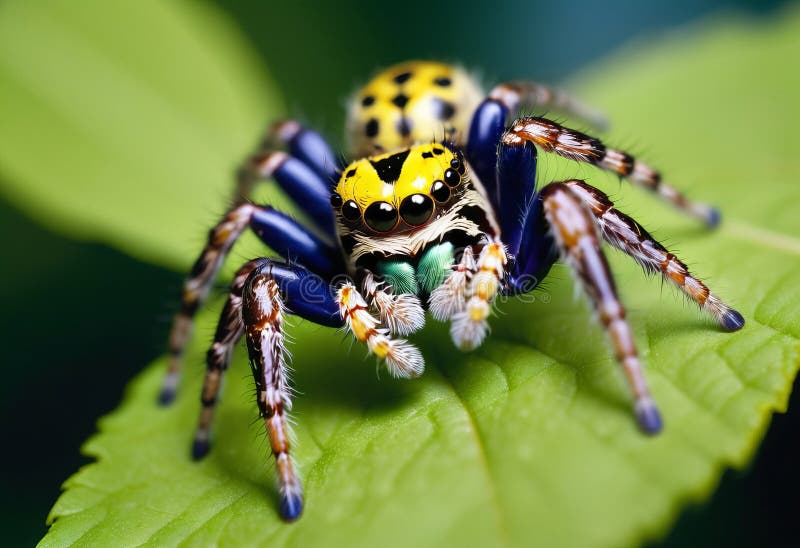 A Close-up of a Black and Yellow Jumping Spider on a Green Leaf Stock ...
