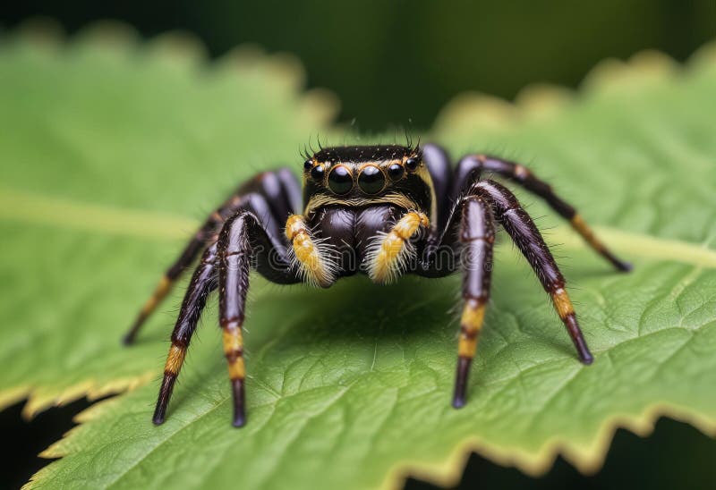 A Close-up of a Black and Yellow Jumping Spider on a Green Leaf Stock ...