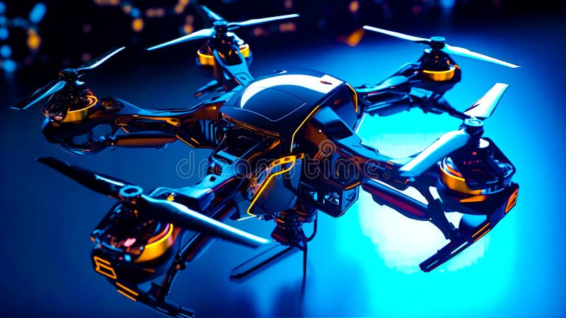 Close Up of Black and Yellow Remote Controlled Flying Device on Blue ...