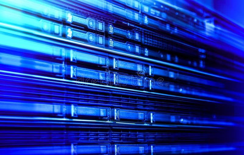 Close Up Blade Server Equipment Rack in Big Data Center with Blurred ...