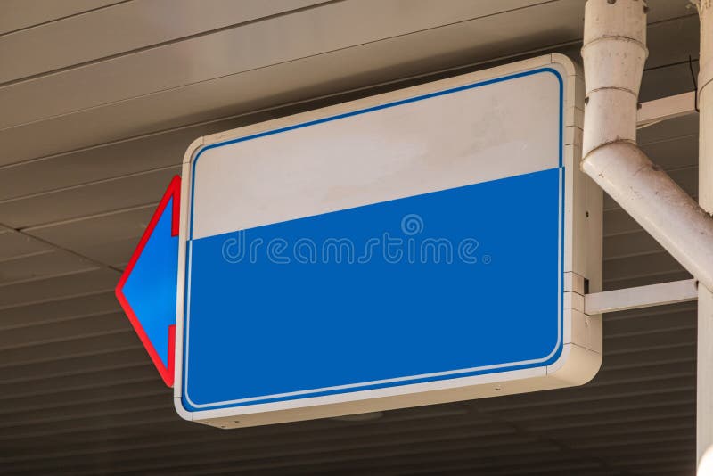 Close-up of Blank White and Blue Signboard with Pointer on Left Stock ...