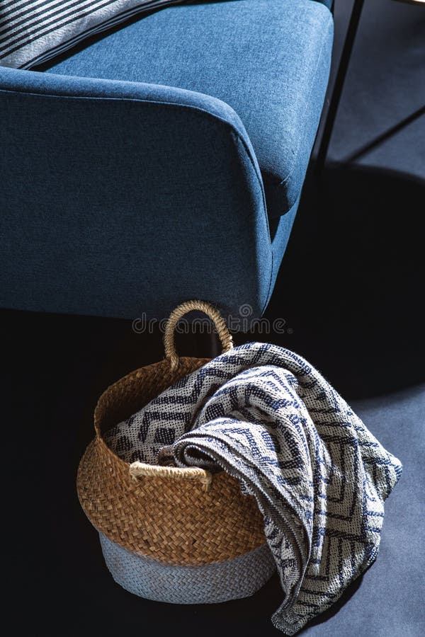 Close Up of Blanket in Wicker Basket in Dark Room Stock Photo - Image ...