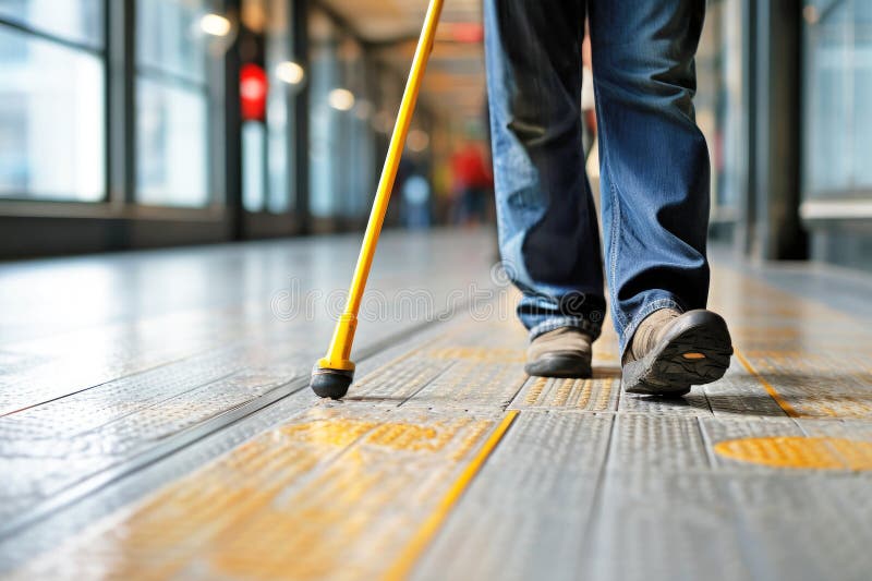 Close-up of a Blind Man Walking Along a Tactile Tile with a Cane ...