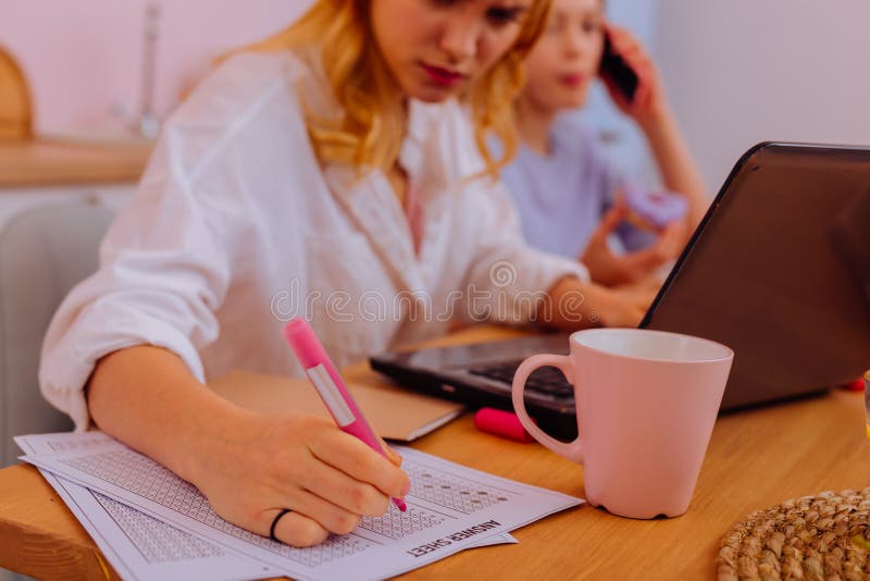 Close Up of Blonde-haired Student Doing Test for Homework Stock Image ...