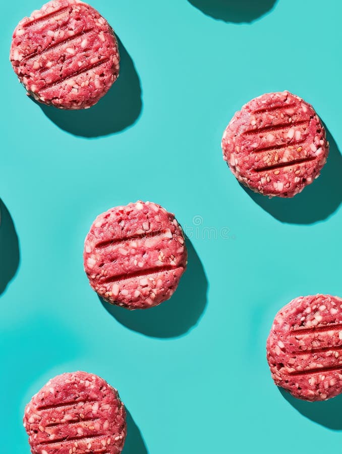 A Close Up of a Blue Background with a Row of Meat Patties on it Stock ...