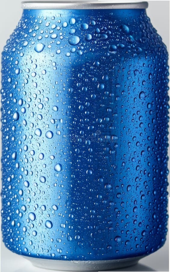 Close-up of a Blue Beverage Can with Water Droplets on Transparent ...