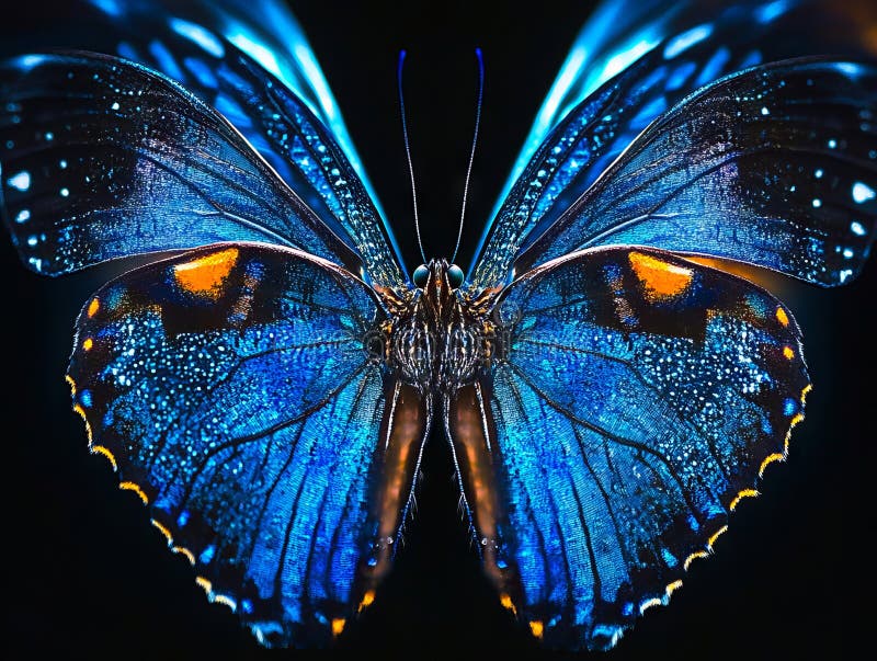 A Close Up of a Blue Butterfly on a Black Background Stock Image ...