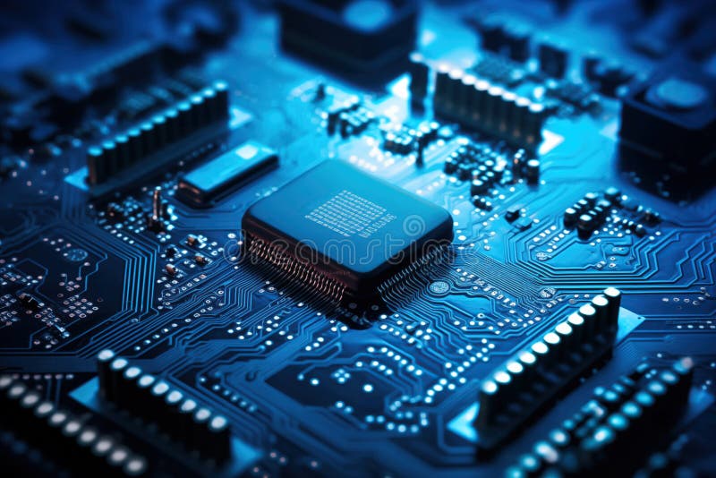 Close-up of a Blue Circuit Board with a Central Microchip Processor ...