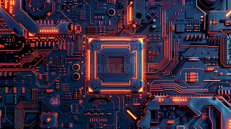 Close-Up of a Blue Circuit Board with Red and Orange Neon Highlights ...