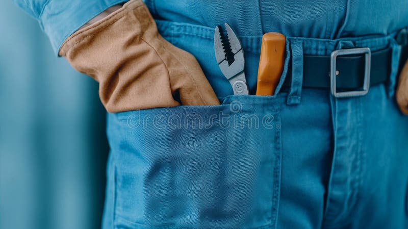A Close-up of a Blue-collar Workers Uniform, Featuring Tools in the ...
