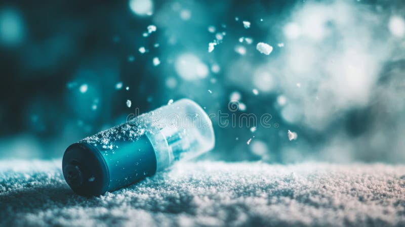 Close-up of a Blue Container Spilling White Powder in a Dimly Lit ...