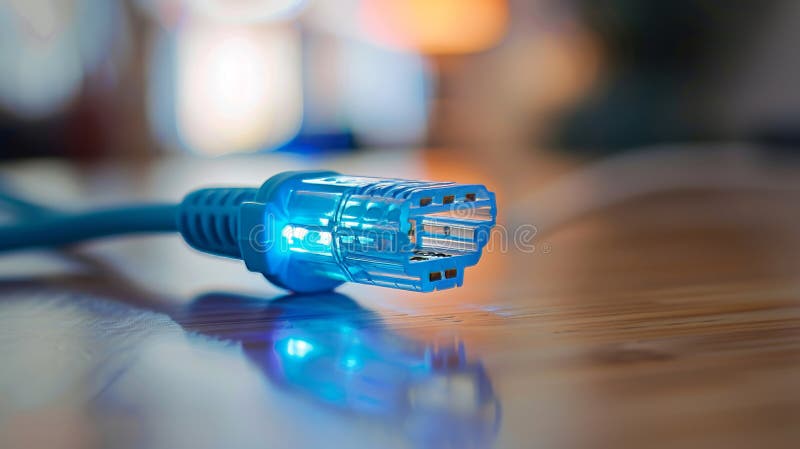 Close-up of a Blue Ethernet Cable Plug on a Wooden Surface, Concept of ...