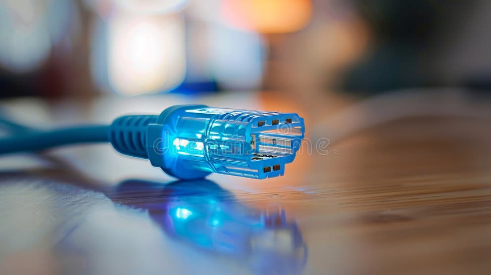 Close-up of a Blue Ethernet Cable Plug on a Wooden Surface, Concept of ...