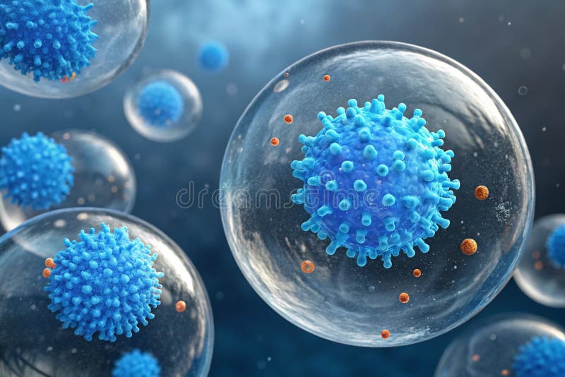 Close-up of Blue Exosome Particles Inside Transparent Spheres. 3D ...