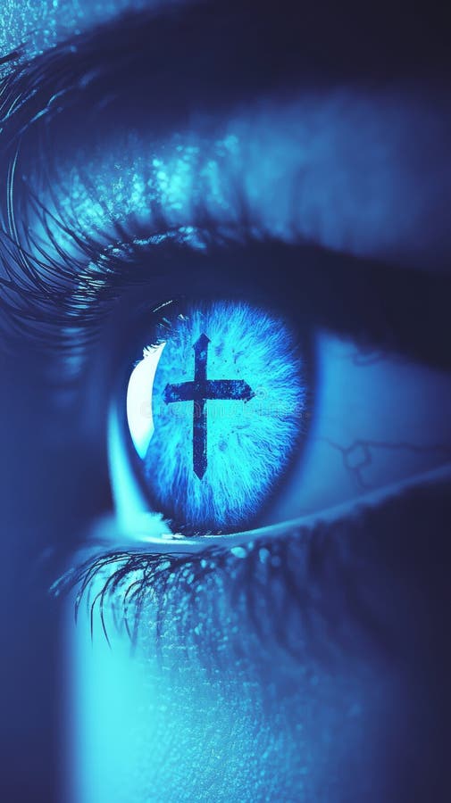 Close-up of a Blue Eye with a Cross Reflection, Digital Art Concept ...