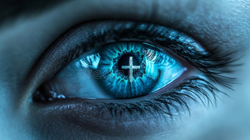 Close-up of a Blue Eye with a Digital Cross Reflection, Technology and ...