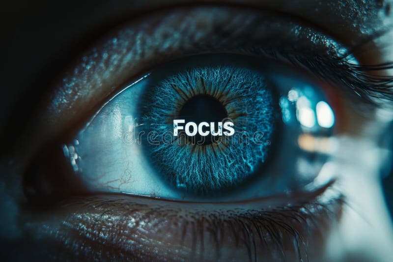 Close-up of Blue Eye Reflecting the Word Focus in the Pupil ...
