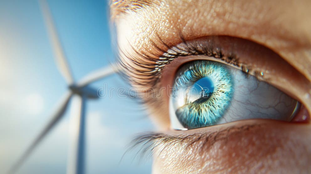 Close-up of Blue Eye Reflection with Wind Turbine in Background Stock ...