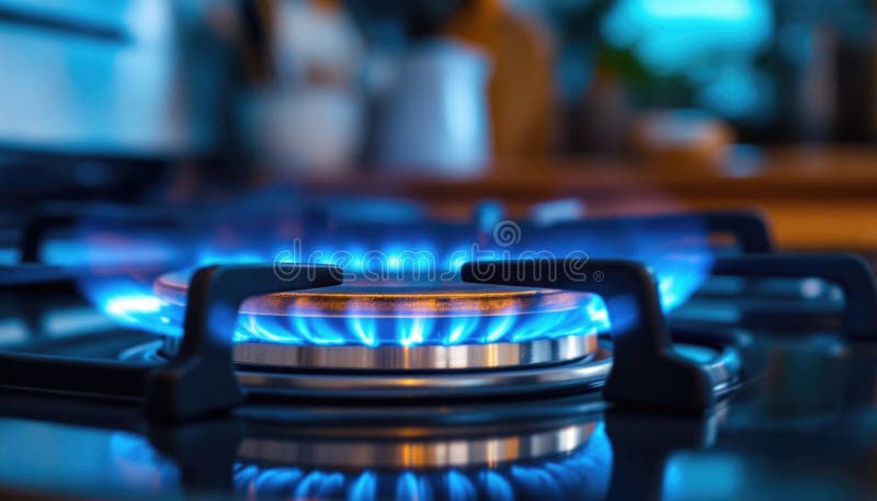 Close-up of Blue Flame on Gas Stove Burner in Kitchen Setting Stock ...