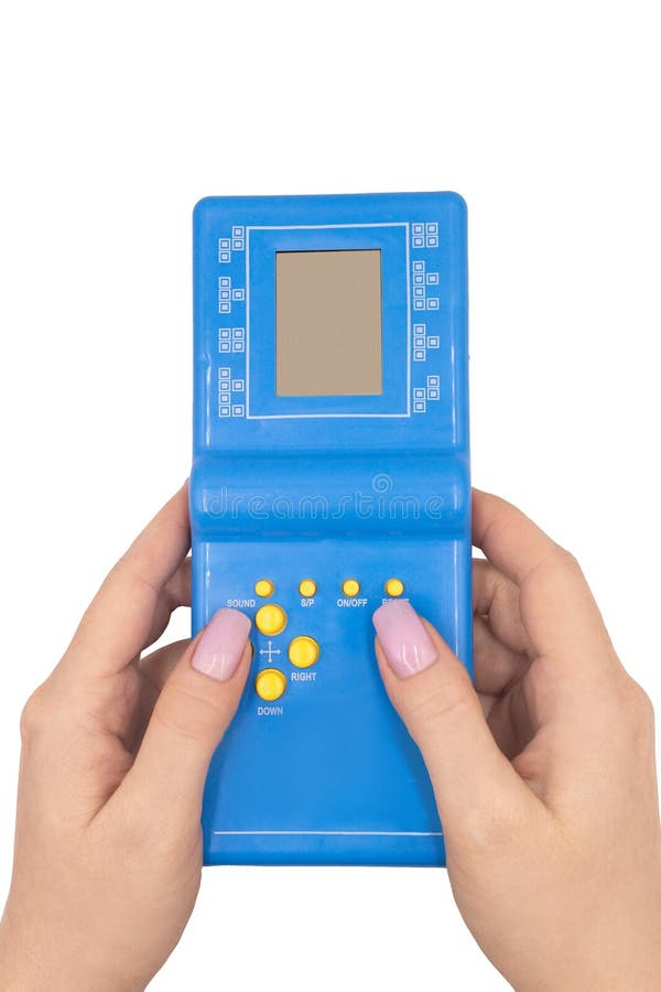 Close-up of a Blue Handheld Game Console in Female Hands on White ...