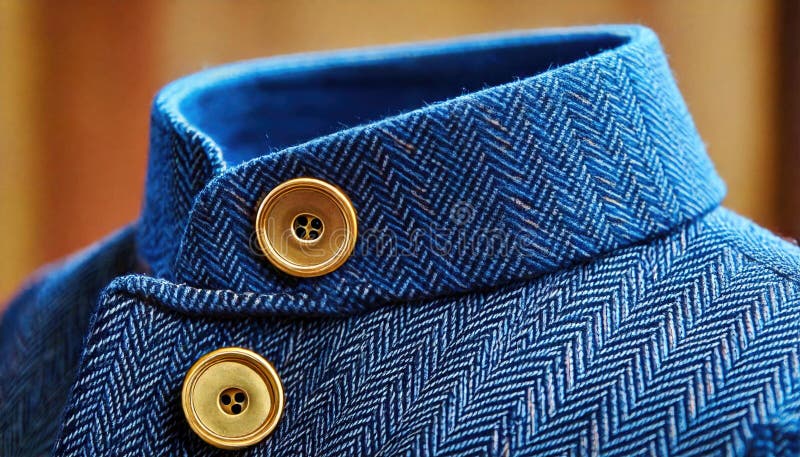 Close-up of a Blue Herringbone-patterned Coat Collar with Two Golden ...