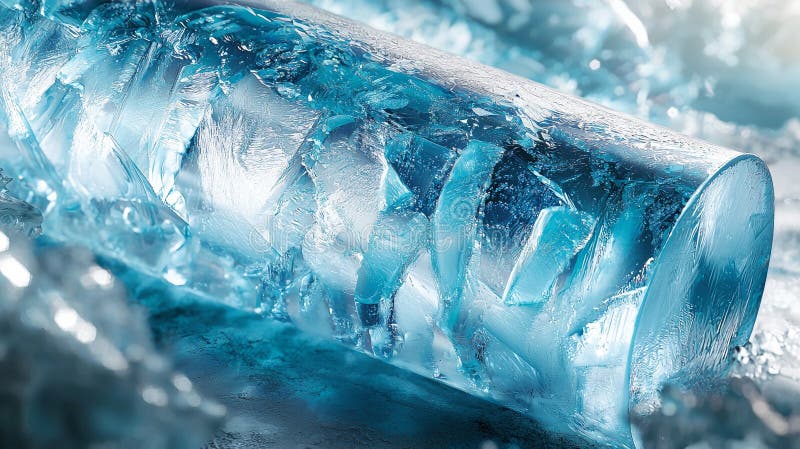 Close-up of a Blue Ice Cylinder with Textures and Reflections on a ...