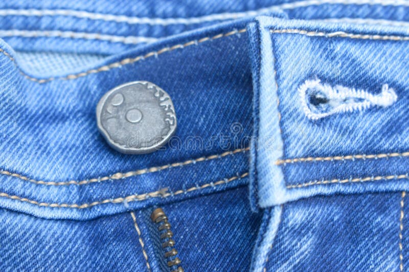 Close Up of Blue Jean Steel Button and Zip Fabric Texture Background ...