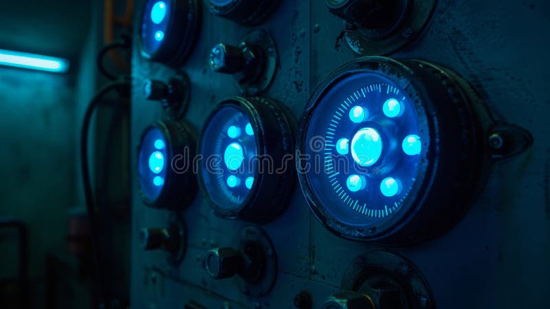 Close-Up of Blue LED Indicators on Factory Control Panels Stock ...