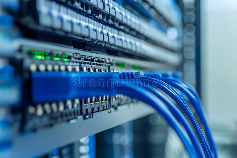 Close-up of Blue Network Cables Connected To a Server Rack, Showcasing ...
