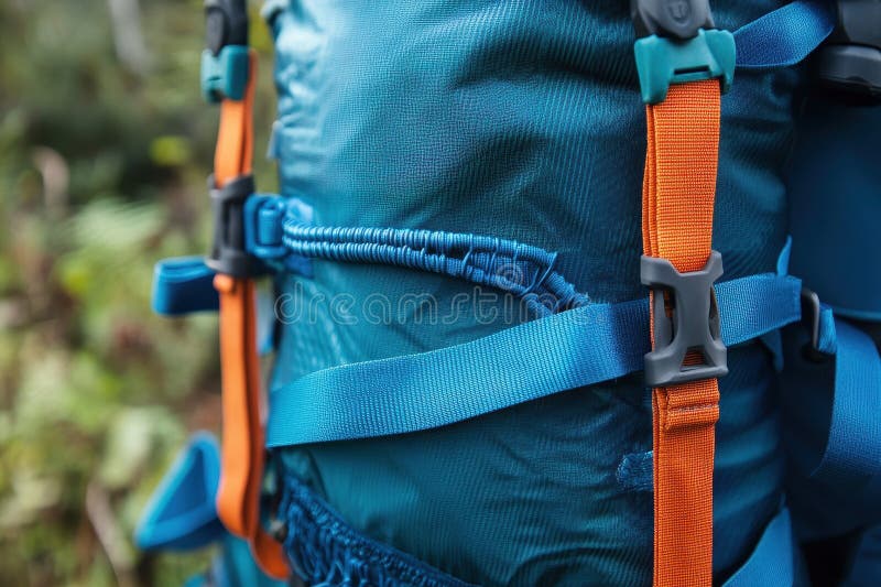 Close-up of a Blue and Orange Backpack Strap with Buckles Stock ...