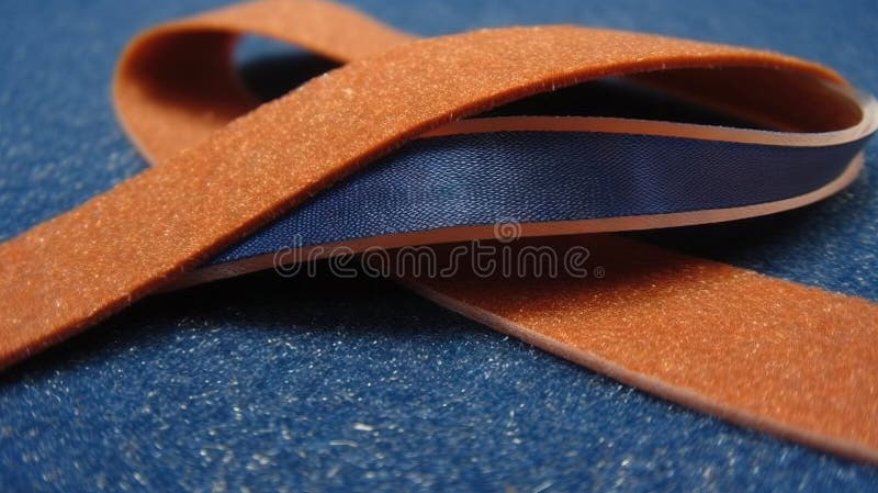 A Close Up of a Blue and Orange Ribbon on a Blue Surface Stock ...