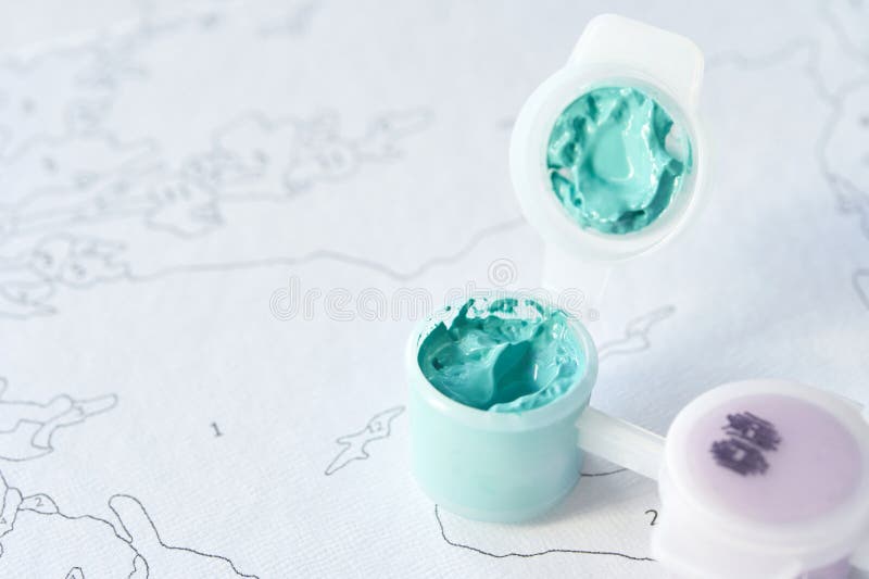 Close-up of Blue Paint in Plastic Containers on a Paint-by-numbers ...