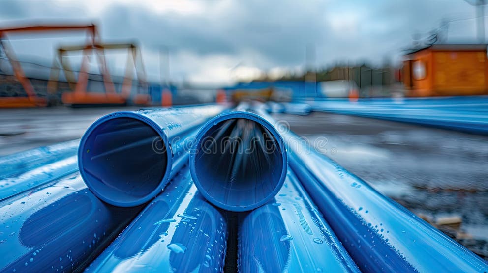 Close-up of Blue Plastic Pipes Stacked on Construction Site. Industrial ...