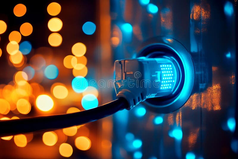 A Close-up of a Blue Plug Connected To a Panel, with a Soft Yellow ...