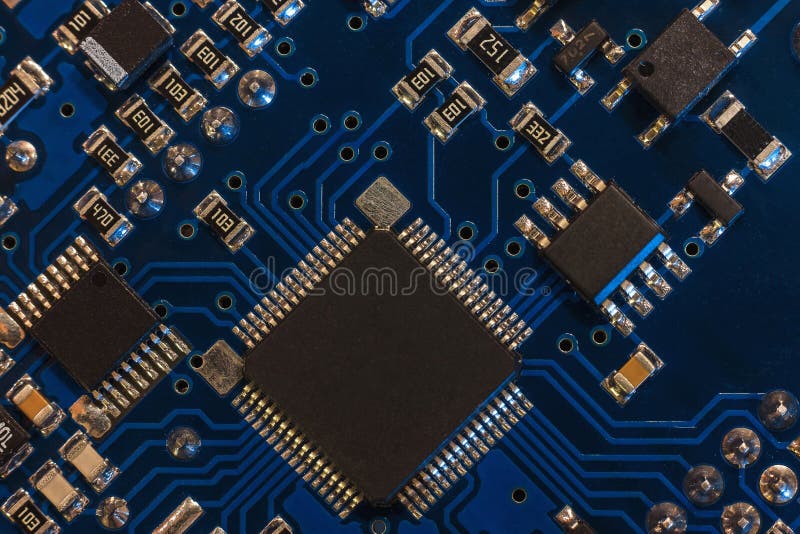 Close-up of a Blue Printed Circuit Board PCB with Stripes of Conductors ...