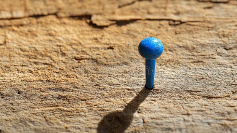 Blue Push Pin on Textured Wooden Surface Stock Image - Image of push ...