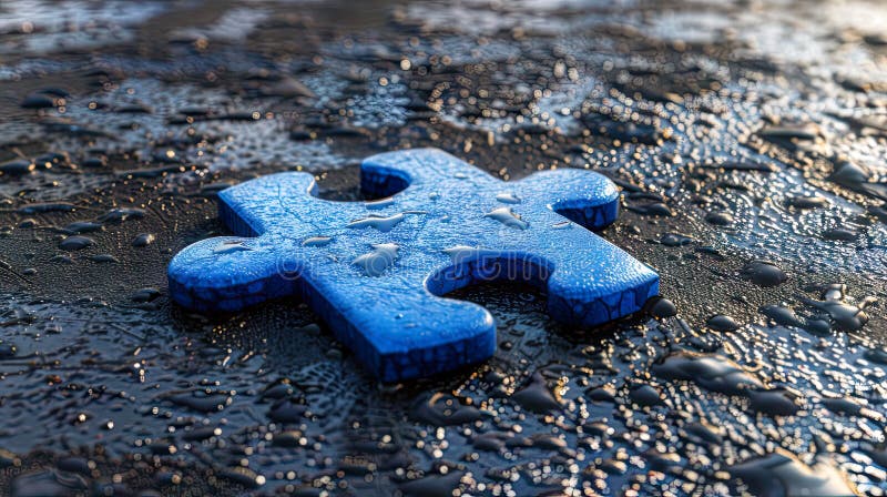 Close-up of a Blue Puzzle Piece on a Wet Surface, with Water Droplets ...